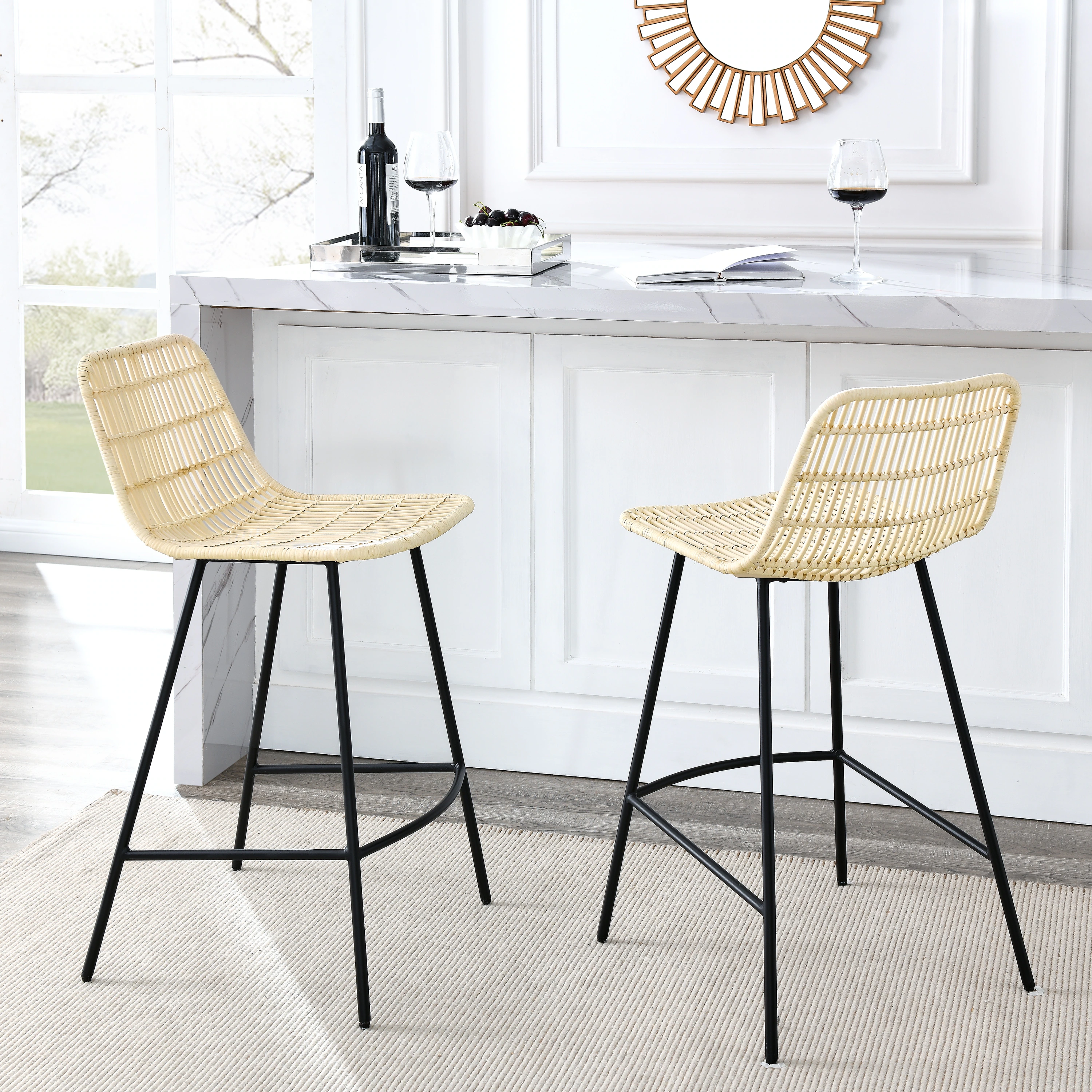 Set of 2 Natural Rattan Counter Height Bar Stools - Arizona Outlet