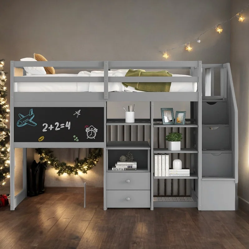 Space Saving Kids Furniture Twin Size Kids Bed Loft Bed with Pullable ...