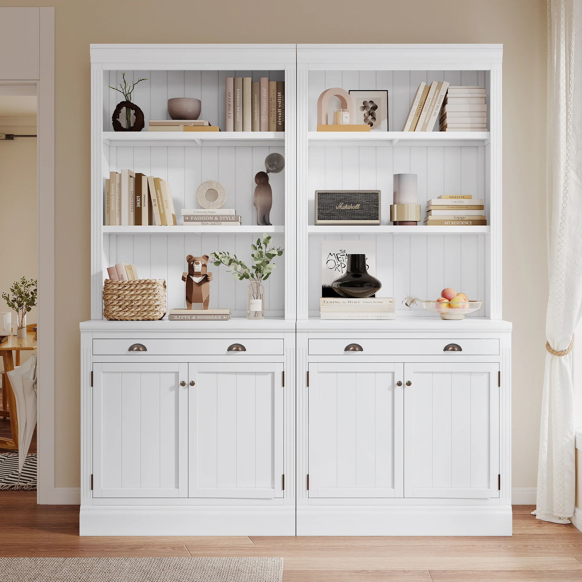 83.4" Tall Bookshelf & Bookcase with LED Lighting, Doors and Drawers, 2 ...