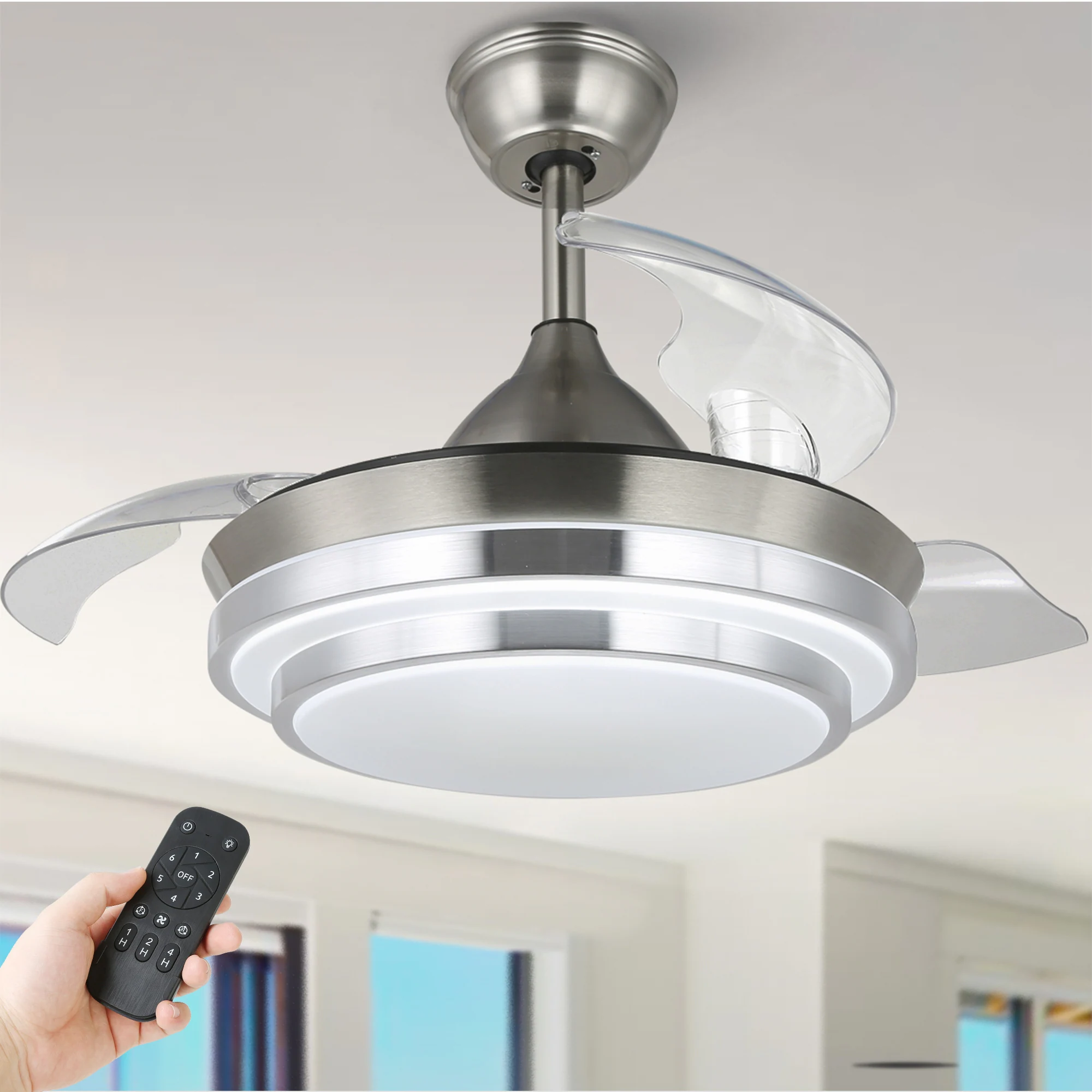 36" Modern Retractable Ceiling Fan with Led Light, 6-Speed Reversible ...