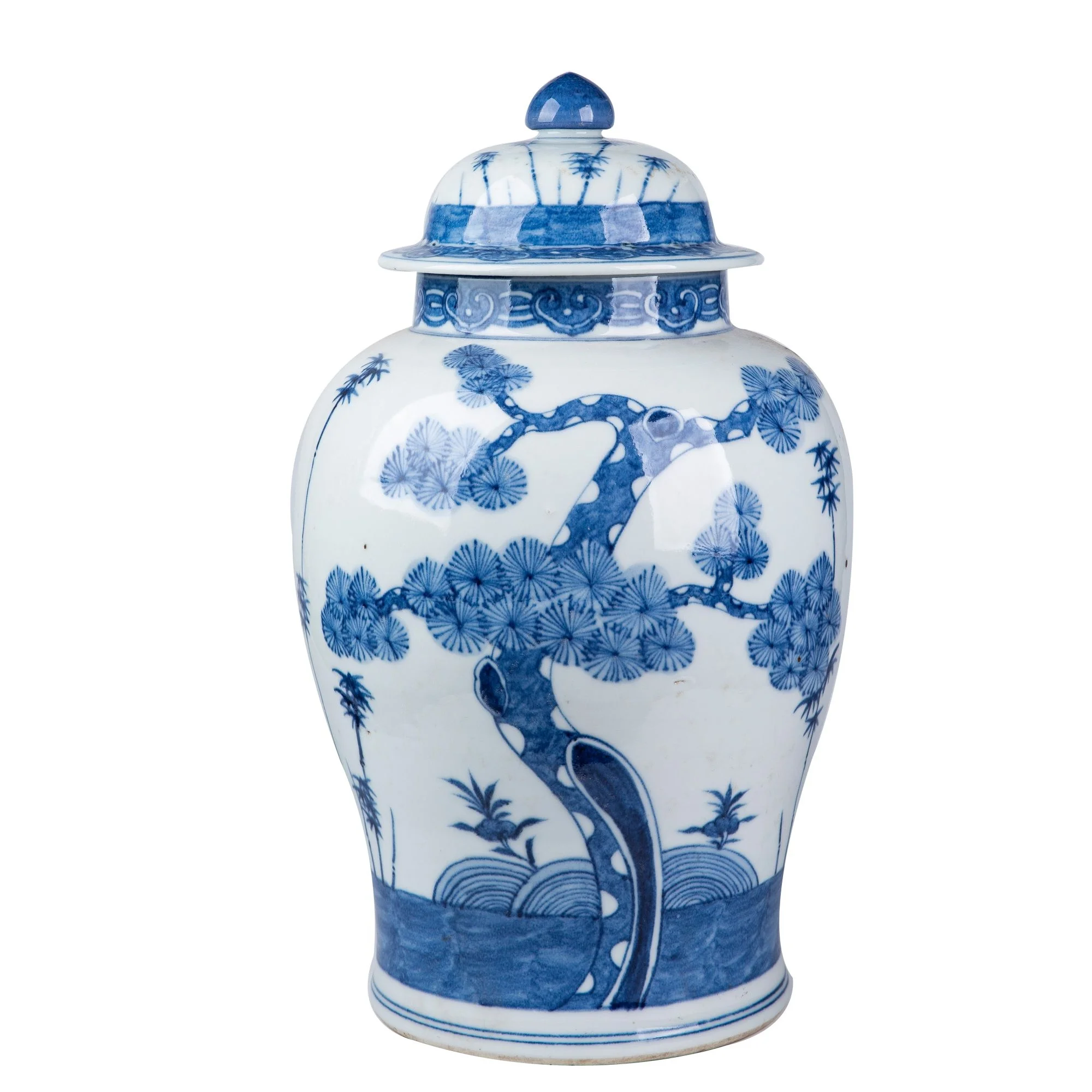 Blue And White Ming Pine Tree Temple Jar - Arizona Outlet