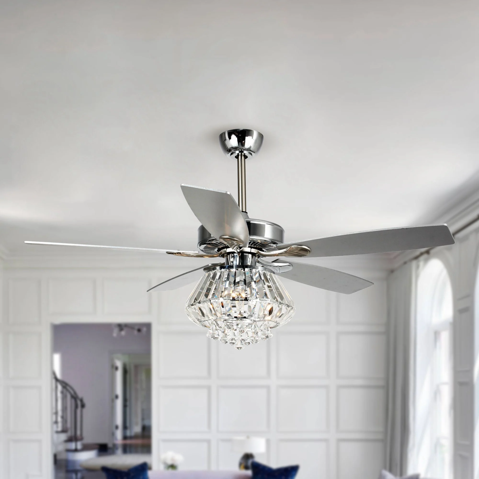 Glam Chrome 3-Light 5-Blades Crystal Chandelier Ceiling Fan with Remote ...