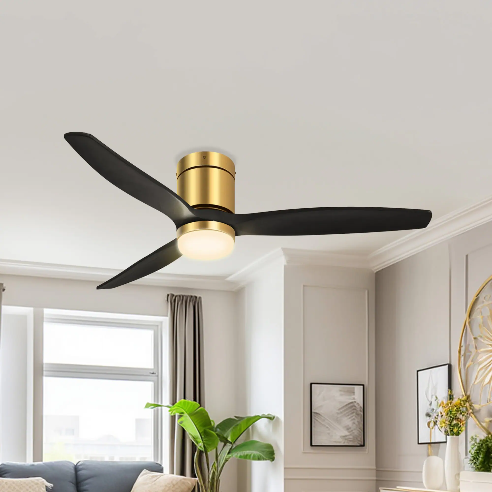 Moasis 52 Inch Low Profile Flush Mount Wood Blades Ceiling Fan with LED ...