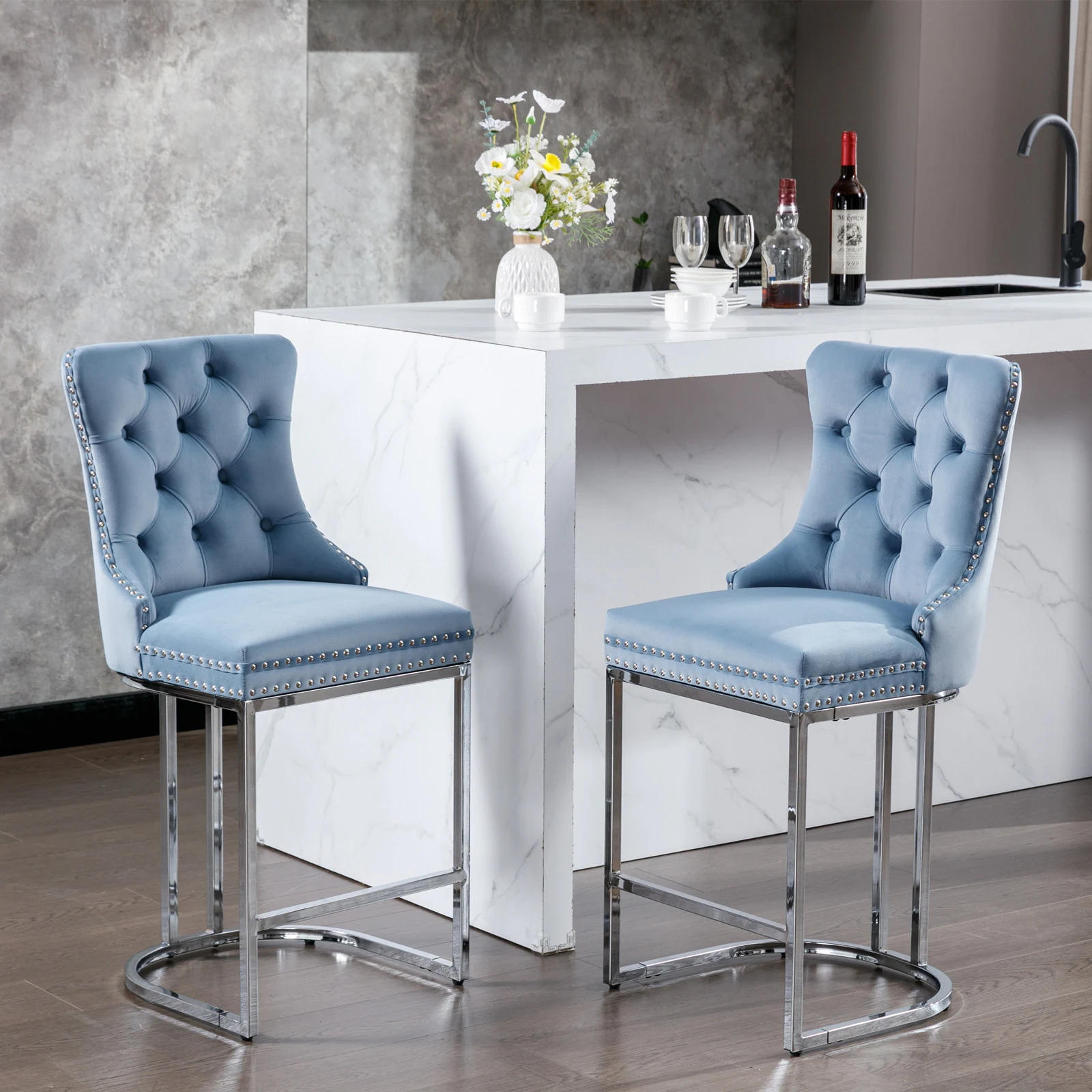 Modern Velvet Barstools with Button Back & Rivet Trim, Counter Height ...