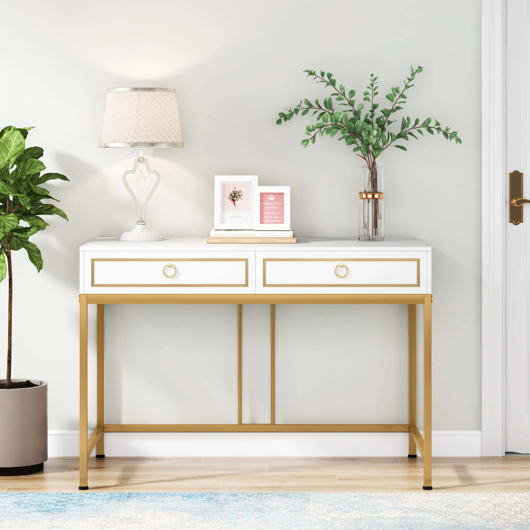 Modern Computer Desk with 2 Storage Drawer, 41.34” W Simple White and Gold Writing Desk Makeup ...
