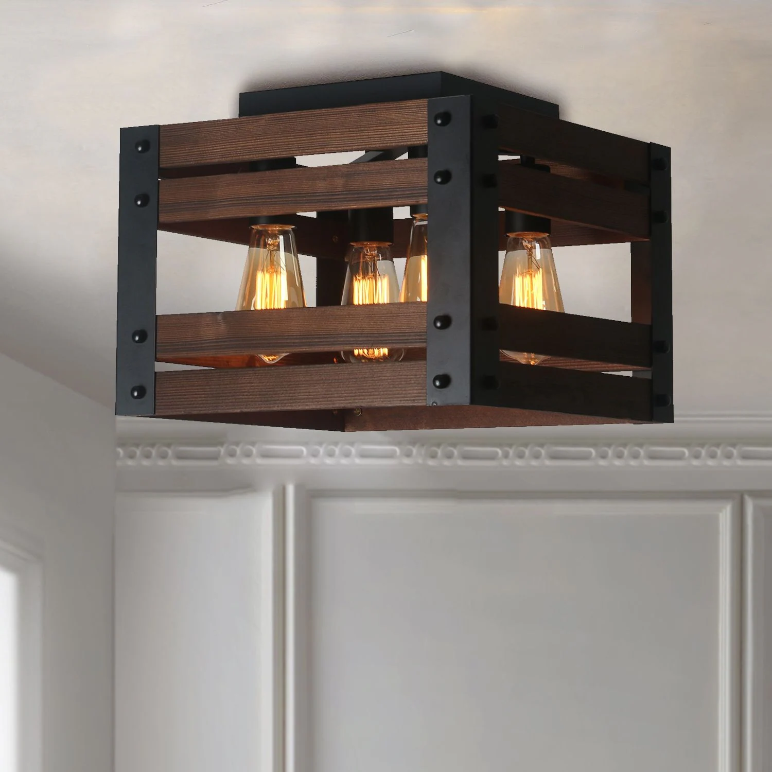 Farmhouse 13.4-in. Wood Caged Square Flush Mount Ceiling Light ...