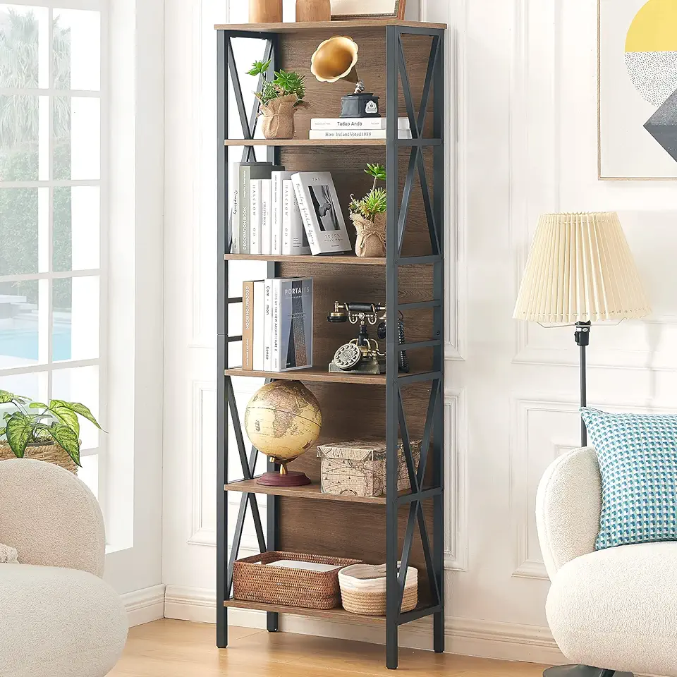 HOMISSUE Bookshelf, 6-Tier Bookshelf, Rustic Wood Metal Bookshelves and ...