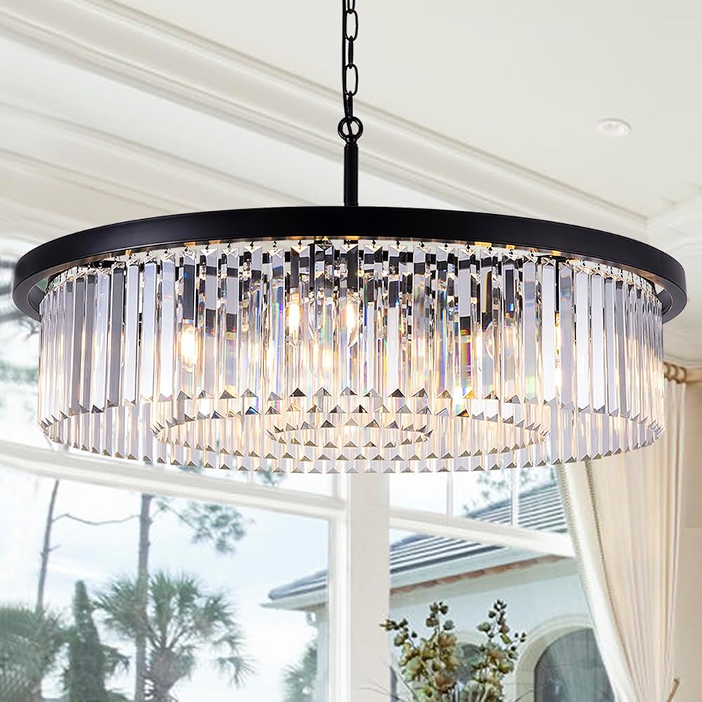 Wellmet Crystal Chandeliers,9 Lights Large Black Light Fixture,3 Tiers ...