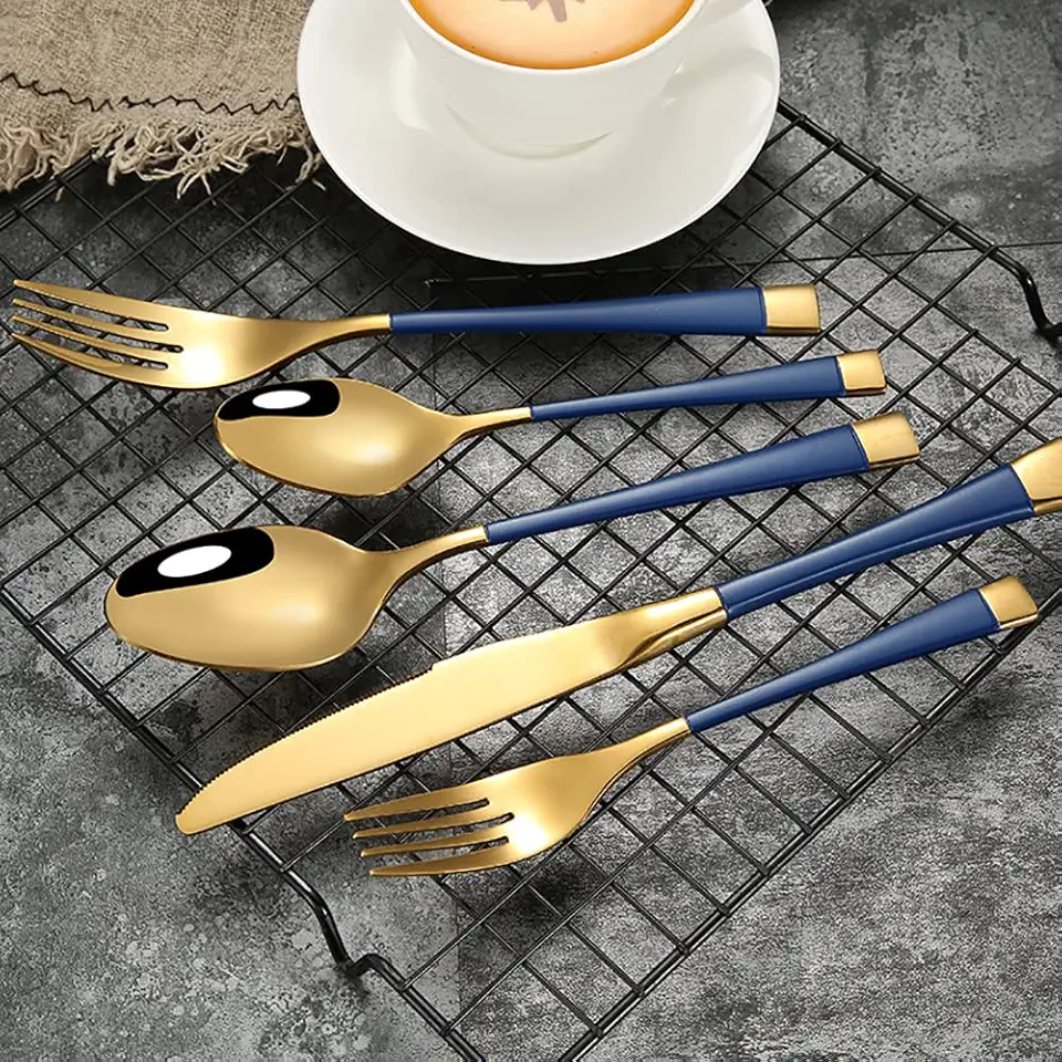 Blue Gold Flatware Silverware Set for 12 With Colored Handles,60 Piece ...