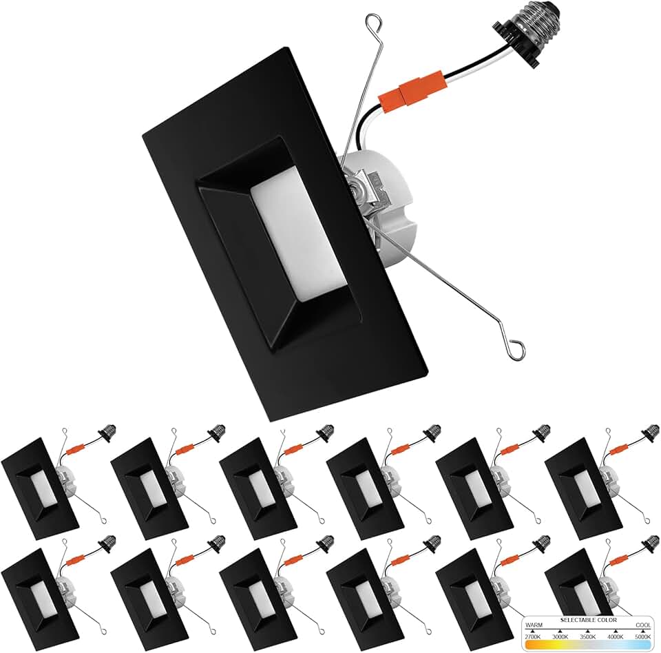 12 Pack, Black 6 Inch Square Retrofit Recessed Lighting, CCT 2700K ...