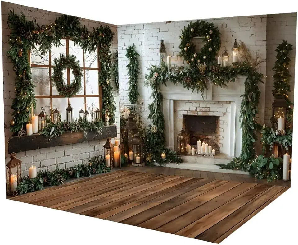 Kate Christmas Room Set Backdrops Winter Fireplace Framed Window ...