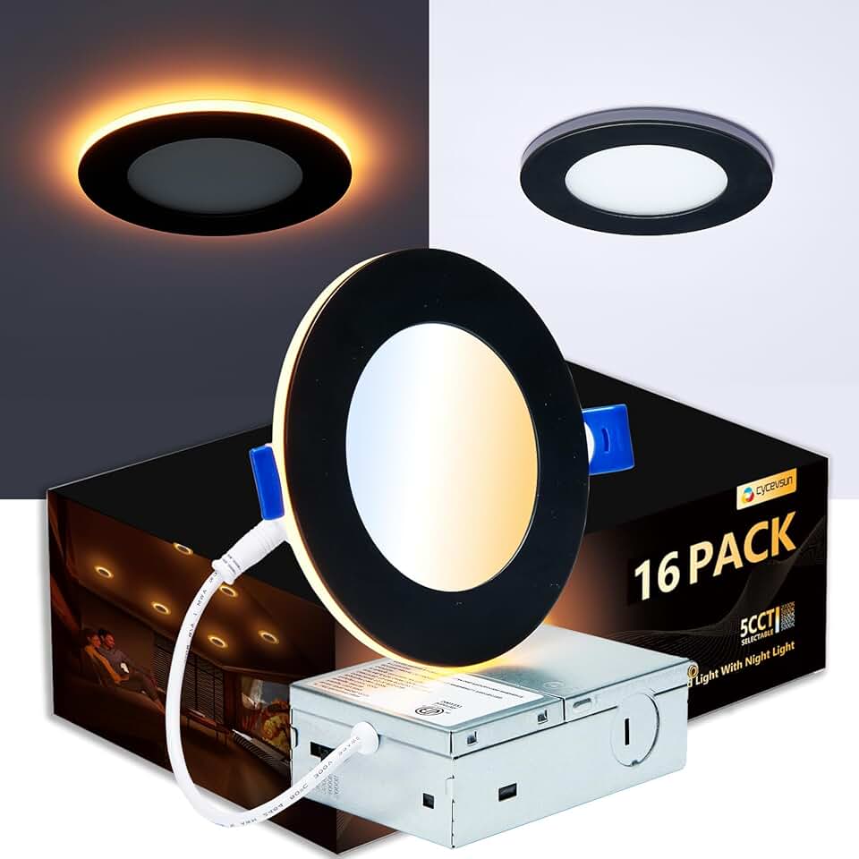 16 Pack Black Recessed Lights 4 Inch with Night Light, Canless Ultra ...