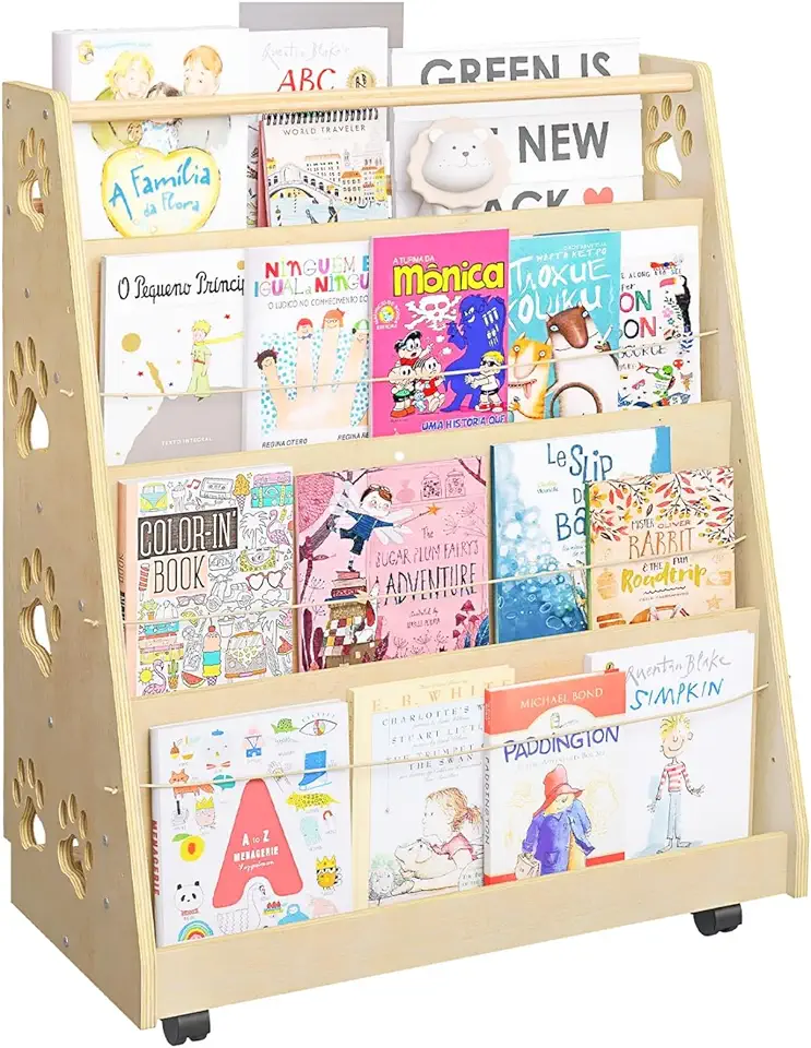 Montessori Kid Bookshelf with Wheels 4 Tier Bookcase, Double-Sided ...