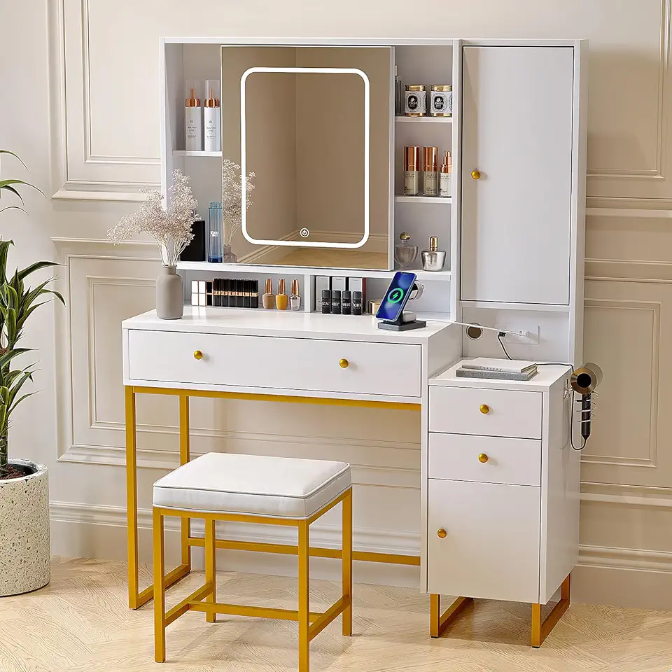 Makeup Vanity Desk with Sliding Mirror and Lights, Vanity Table with ...