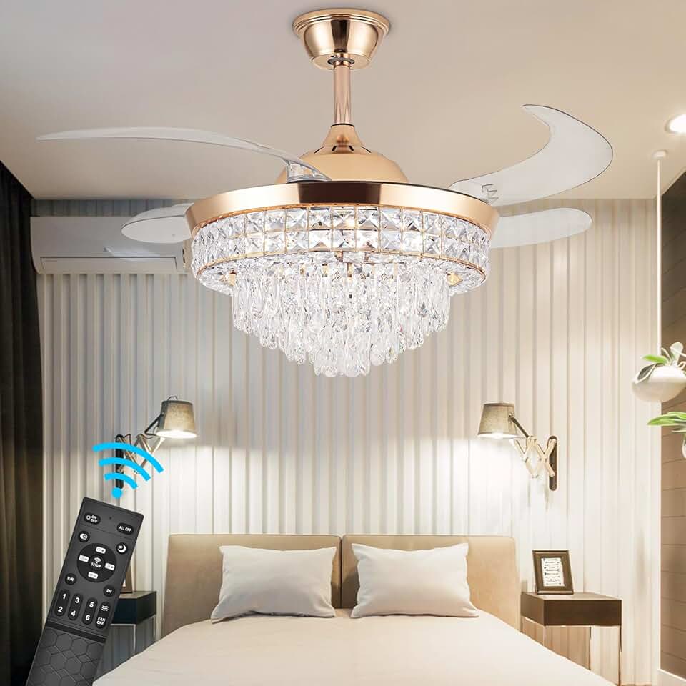 42" Crystal Ceiling Fan with Light,Gold Luxury Dimmable Chandelier ...