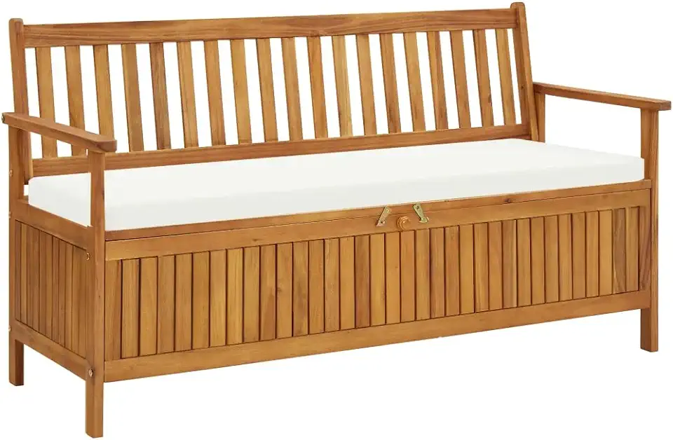 vidaXL Solid Acacia Wood Storage Bench with Cushion - Indoor/Outdoor ...