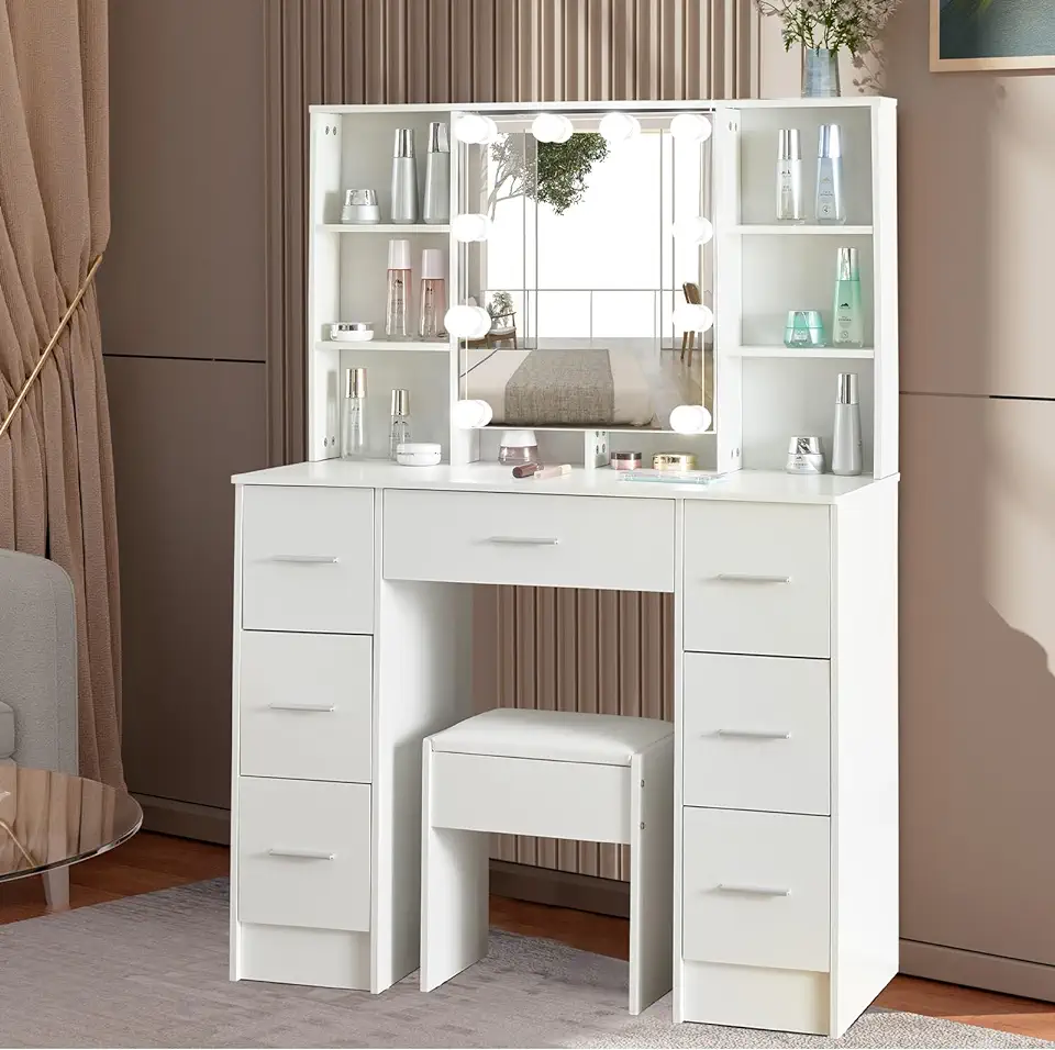Large Vanity Desk with Mirror and Lights, Storage Drawers Makeup Vanity ...