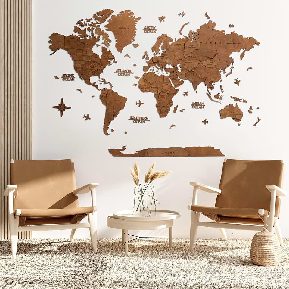 3D Wooden World Map for Wall Brown Wooden Wall Art Wall Decor ...