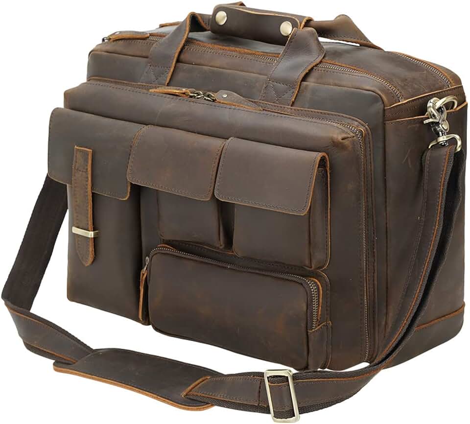 TIDING Full Grain Leather Briefcase For Men 17 Inch Laptop Case ...
