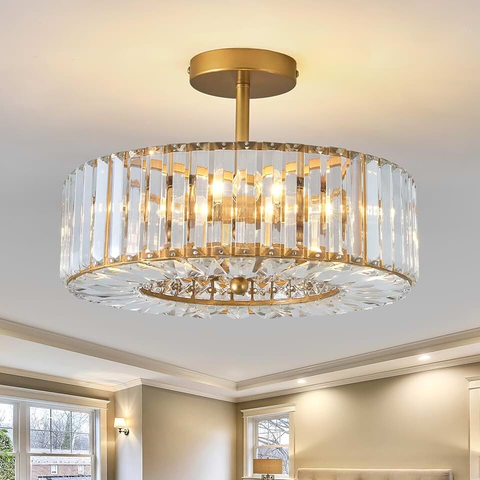 4 Lights Modern Crystal Chandelier Gold Round Semi Flush Mount Ceiling ...