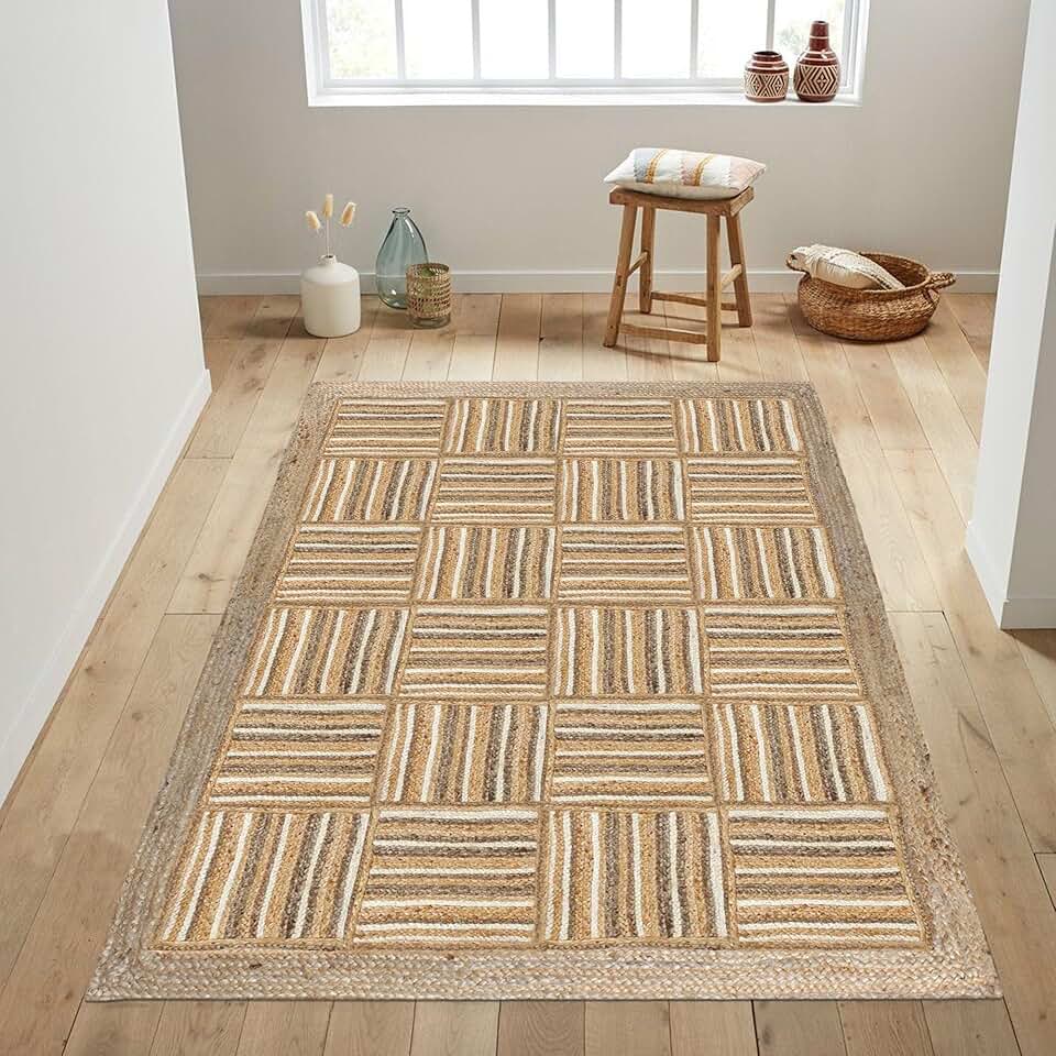 Indian Hand Braided Rug Natural Jute Rug Beige White Designed Geometric ...
