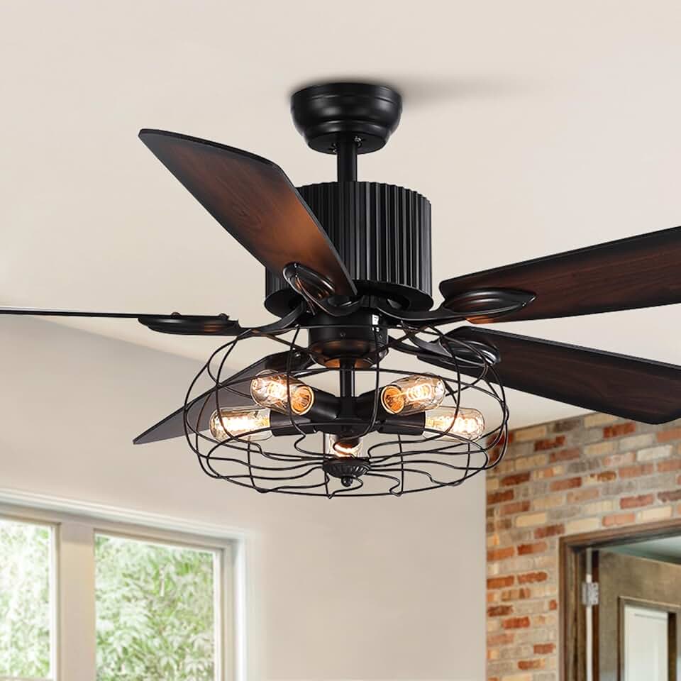 Industrial Caged Ceiling Fan Light with Remote Control 52 Inch Vintage ...