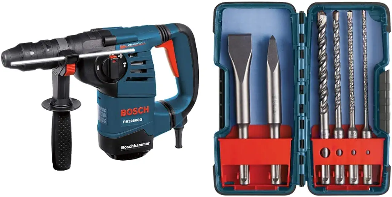 RH328VCQ 1-1/8-Inch SDS Rotary Hammer Kit&BOSCH 6 Piece SDS-plus Masonry Trade Bit Set, Chisels ...