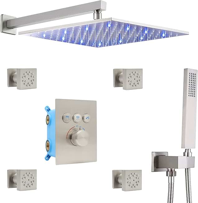 Shower Faucet Set Complete System - 12" LED Rain Shower Head with High ...