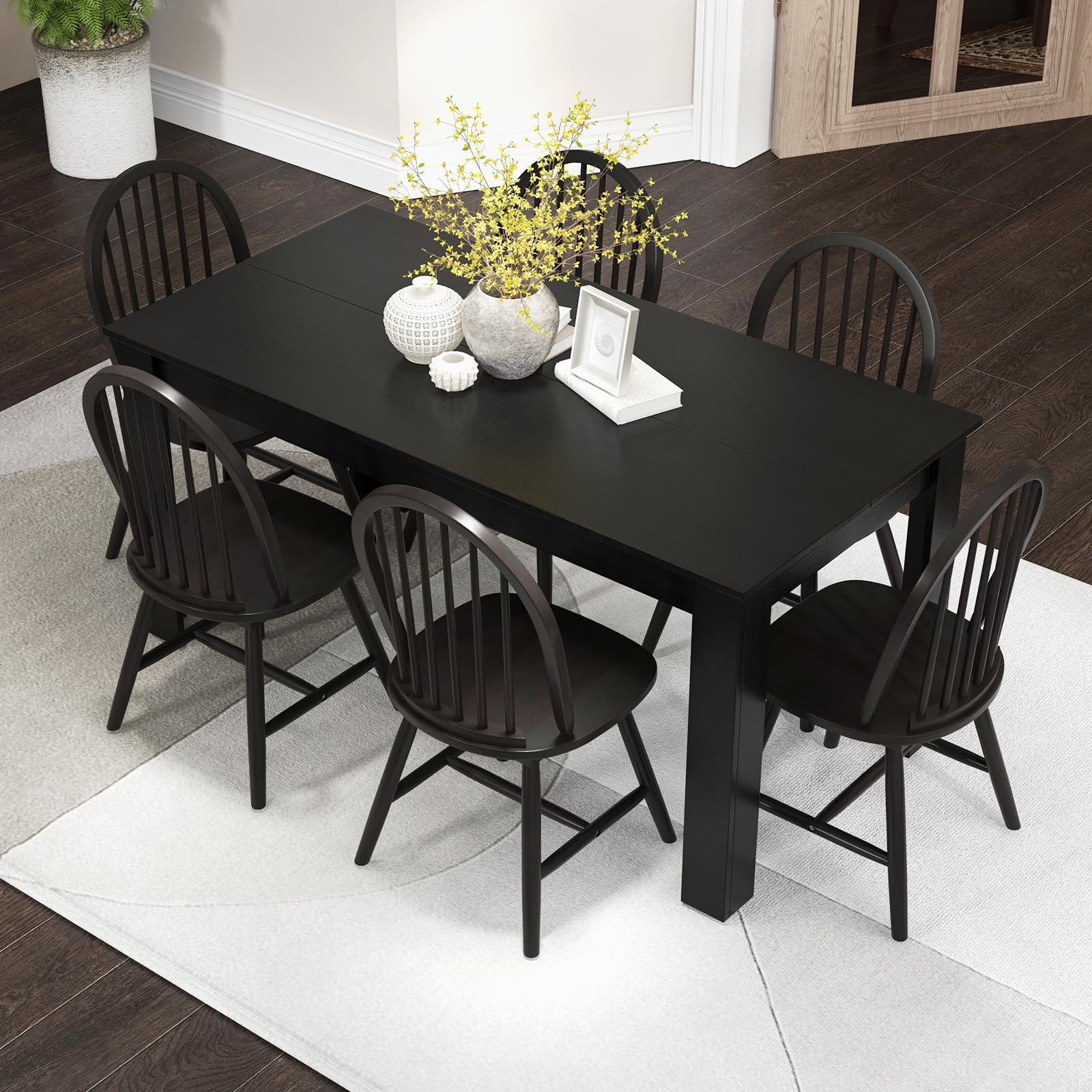 Giantex Dining Table Set for 6, Rectangular Wooden Dining Table & 6 ...