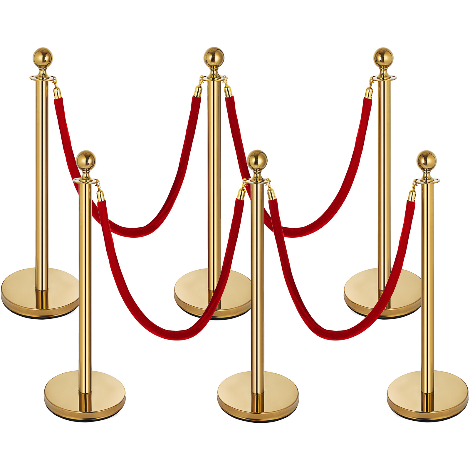 VEVOR 6pcs Gold Stanchion Post, 4 Red Velvet Ropes Queue Rope Barriers, 38in Crowd Control ...