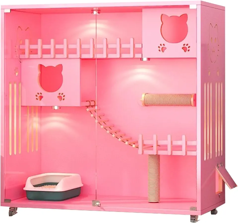 Cat Cage, Pink Tempered Glass Cat Playpen, See-Through, Luxury Large ...