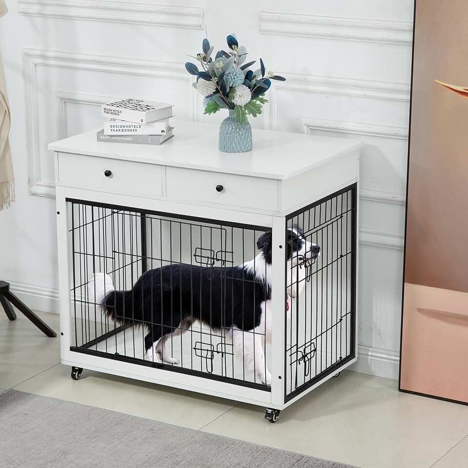 Wooden Dog Crate End Table with 2 Drawers and Lockable Wheels ...