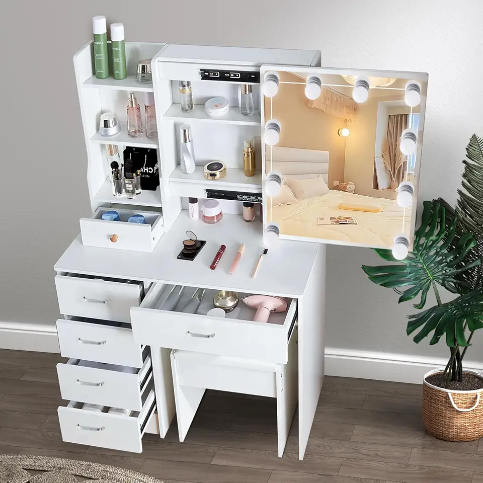 Vanity Makeup Mirror with Stool and 5 Drawer Storage, White Dressing ...