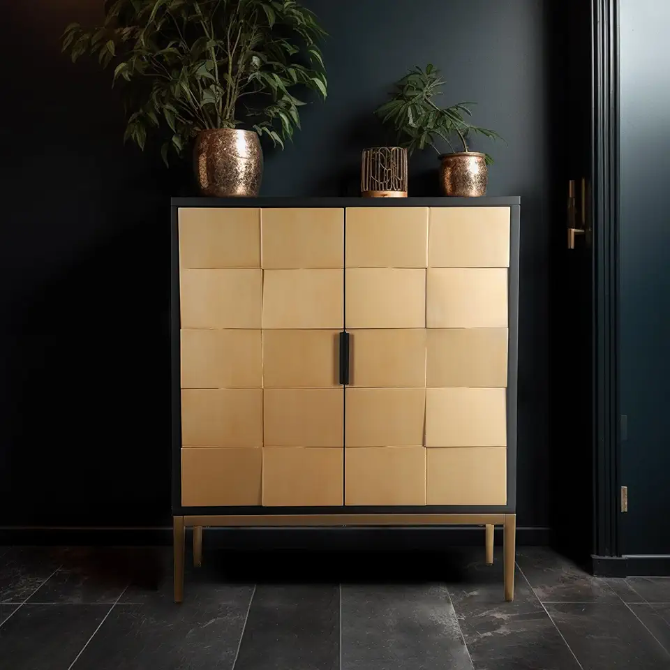 Modern Gold Accent Cabinet with Textured Geometric Design, 2-Door ...