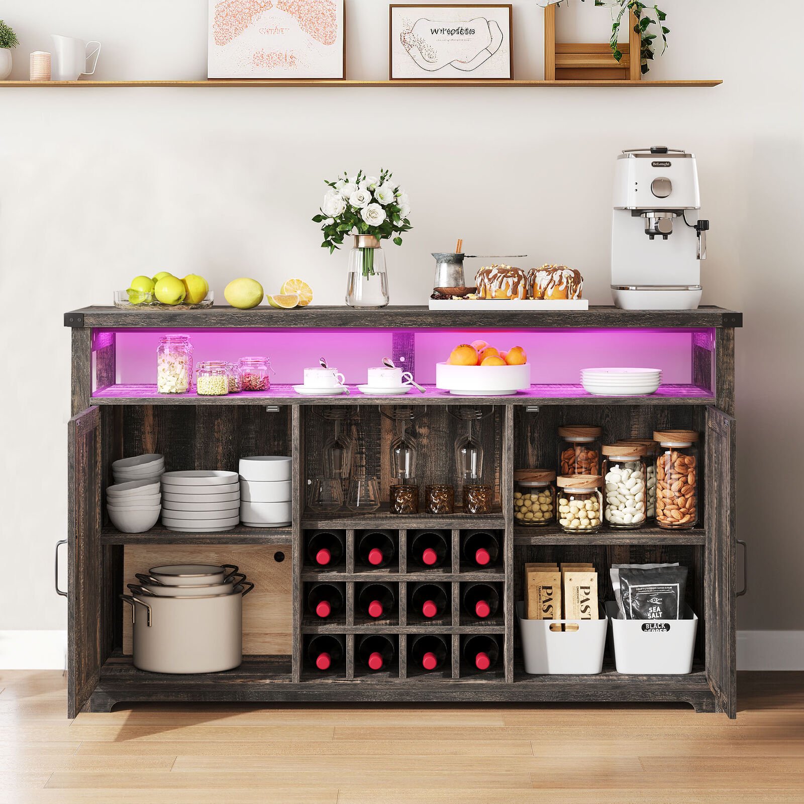 Farmhouse Buffet with LED Light Coffee Bar Wine Liquor Storage Cabinet ...