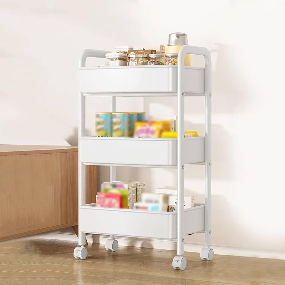 Cart Metal Trolley, 3-Tier Kitchen Storage Trolley, Mobile Storage Rack ...