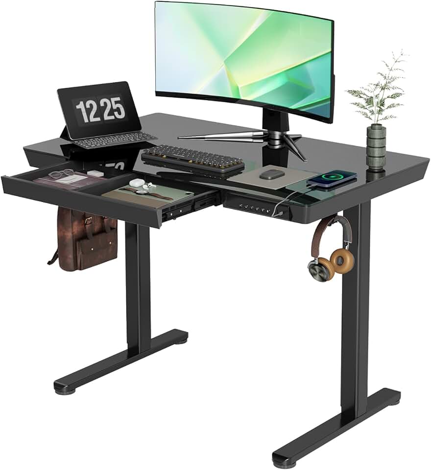 Glass Standing Desk with Drawers, 40 Inch Adjustable Stand Up Desk, Quick Install Home Office ...
