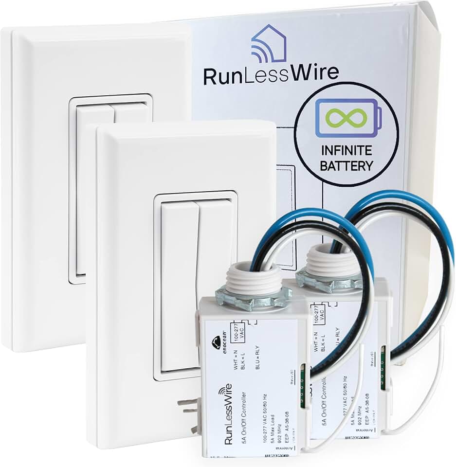 RunLessWire Kinetic Wireless Light Switch Kit (NO Batteries) DIY Remote Control No WiFi, Place ...