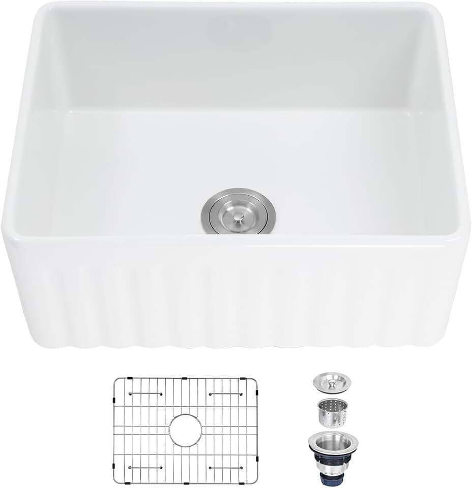 Tysun White Farmhouse Sink, 24-inch Porcelain Ceramic Single Bowl ...