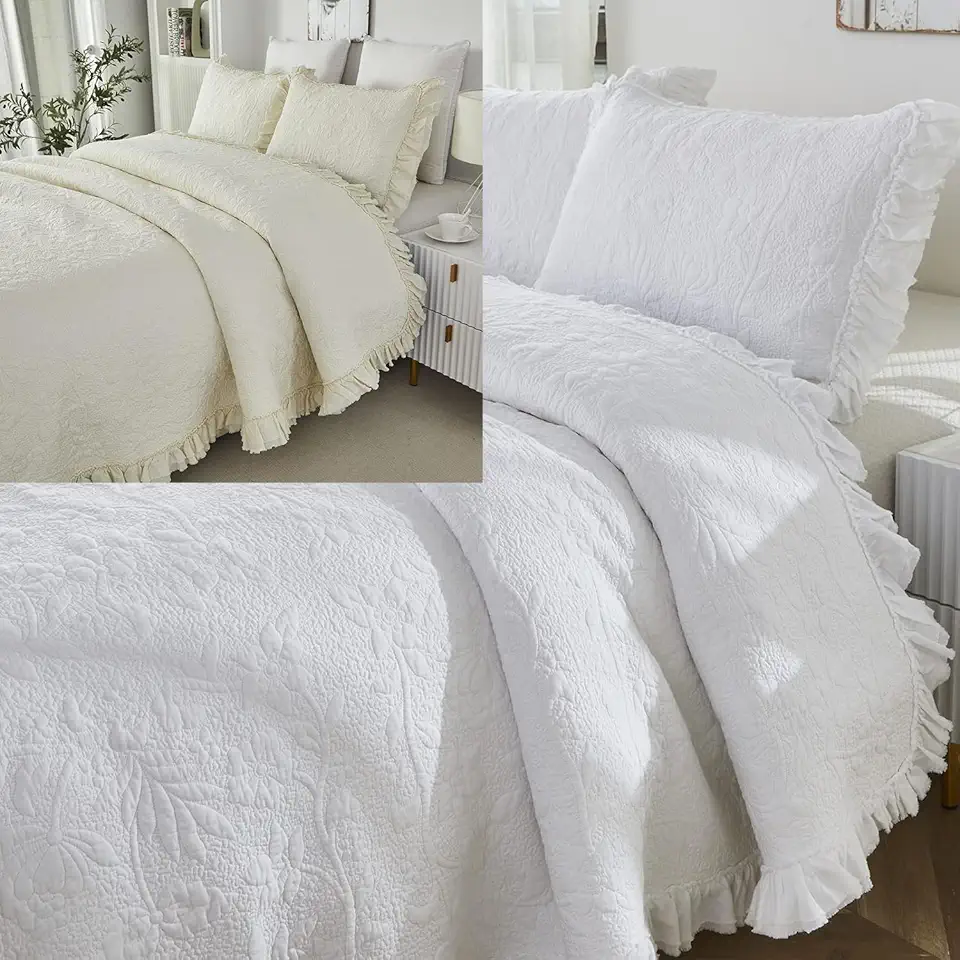 Brandream 6-Piece White Cream Quilt Set Queen Size Bedspread Set Cotton ...