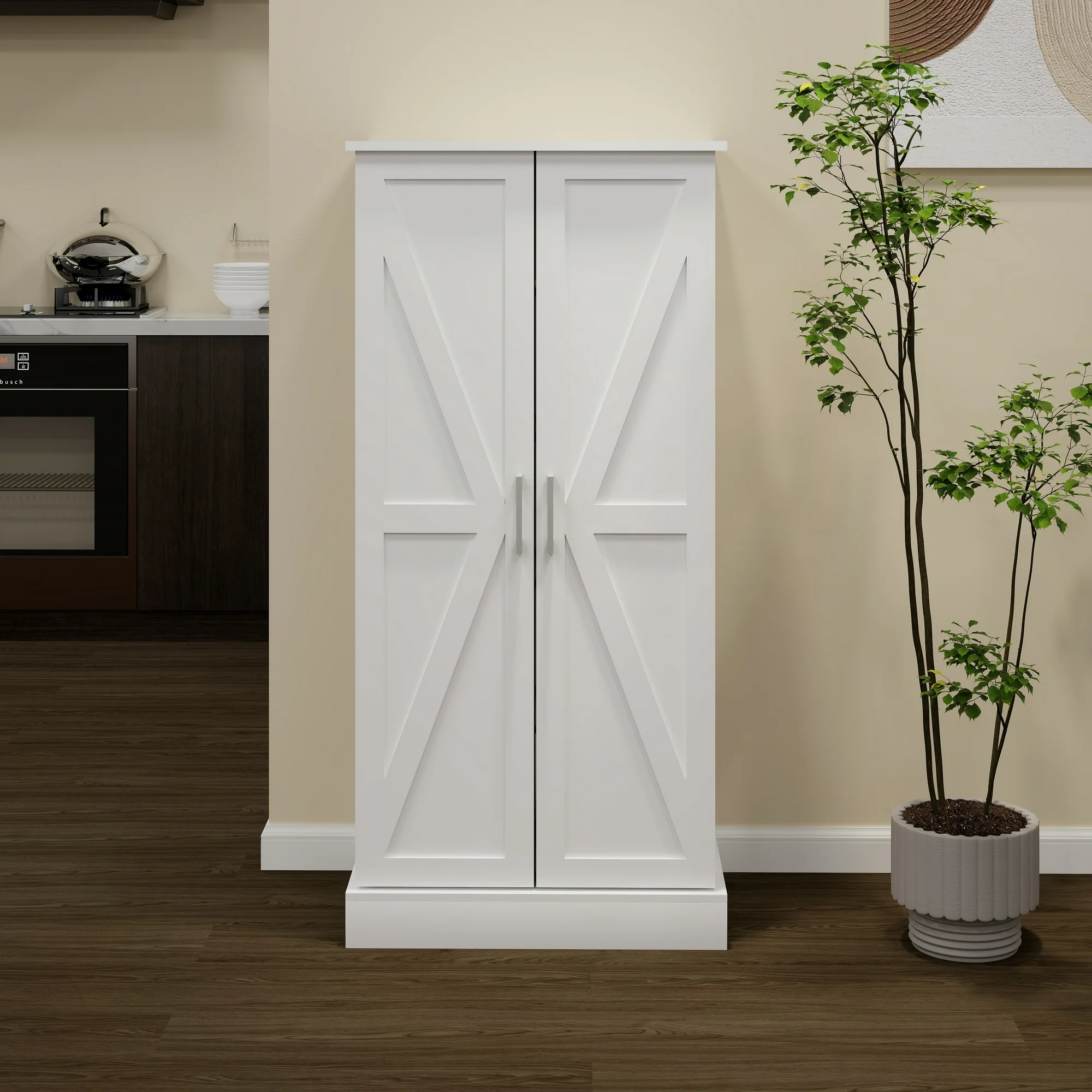 Kitchen Foods Pantry Cabinet with LED Light, White Freestanding Buffet ...