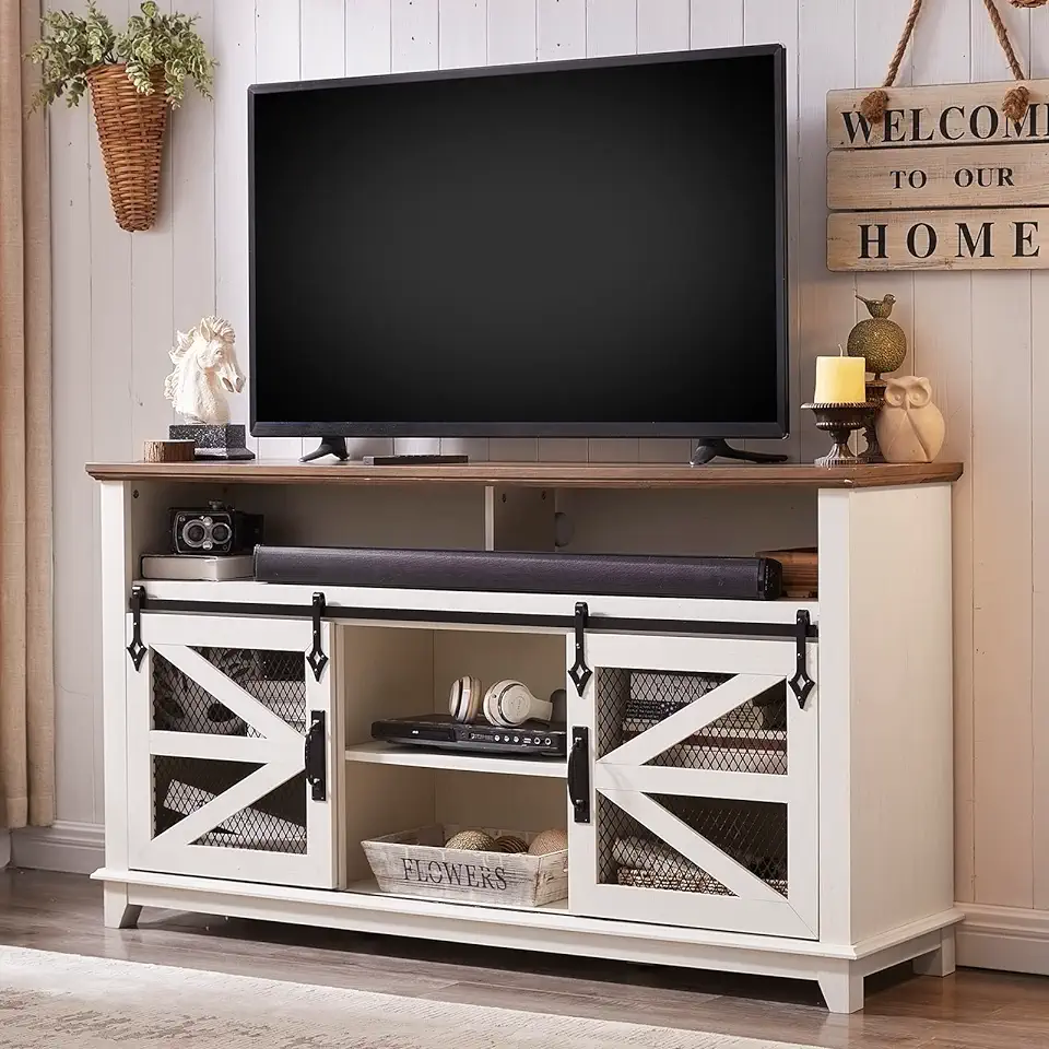 OKD Farmhouse TV Stand for 65+ Inch TV, Industrial & Farmhouse Media Entertainment Center w ...