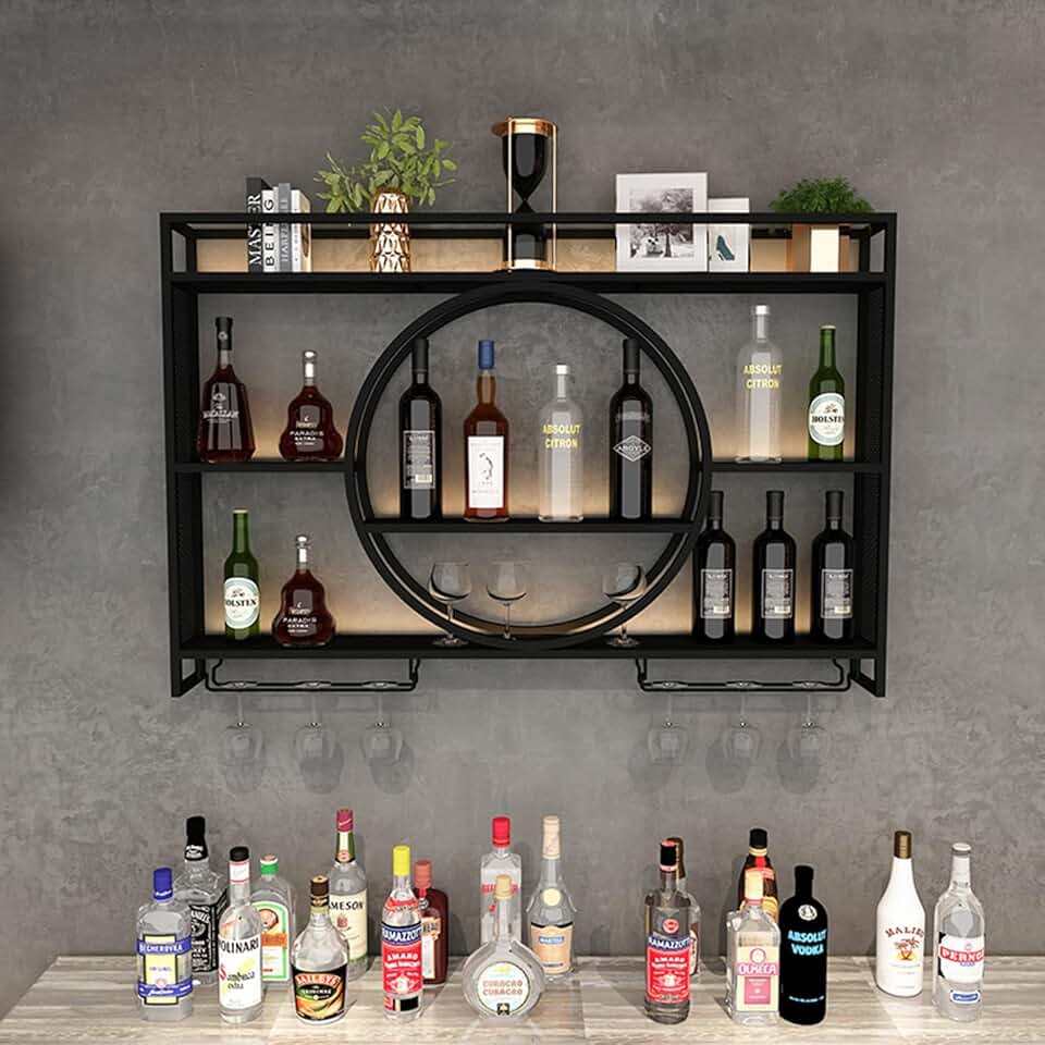 Metal Wine Rack Wall Mounted, Bar Shelves Wall Mounted with LED Light ...
