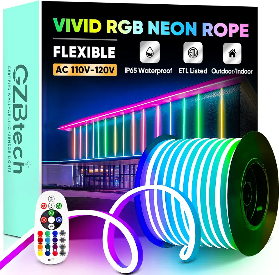 GZBtech RGB LED Neon Rope Lights 100FT/30M, AC 110-120V Waterproof ...