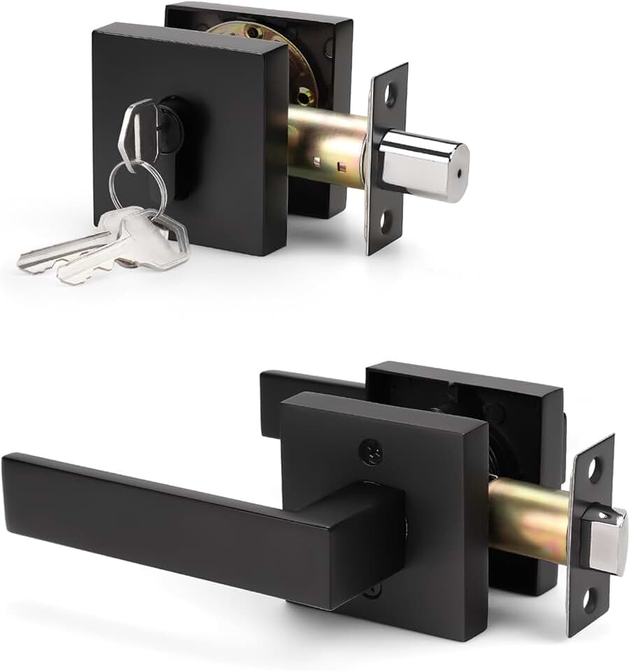 KNOBWELL 6 Pack Square Matte Black Entry Handle AMD Deadbolt Set, Door ...