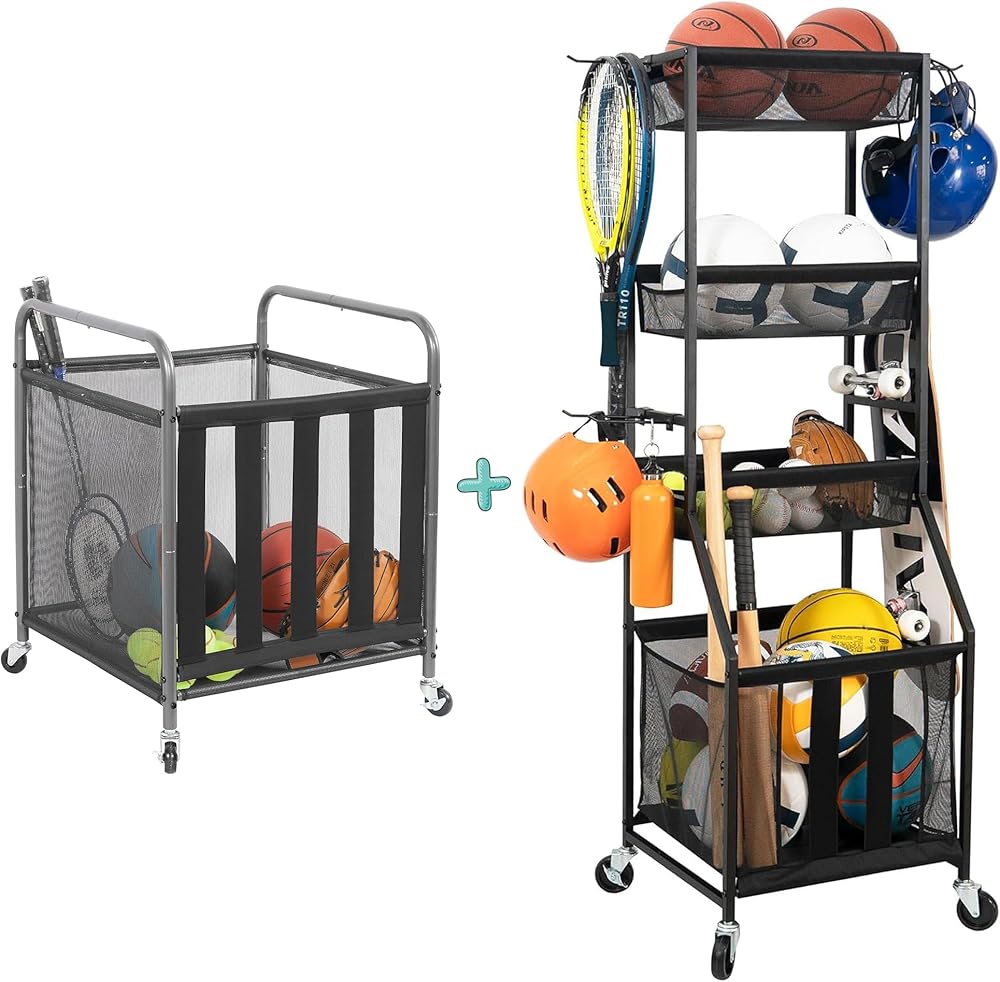 STORAGE MANIAC Rolling Sports Ball Cart + 4 Tier Ball Cart with Shelves ...