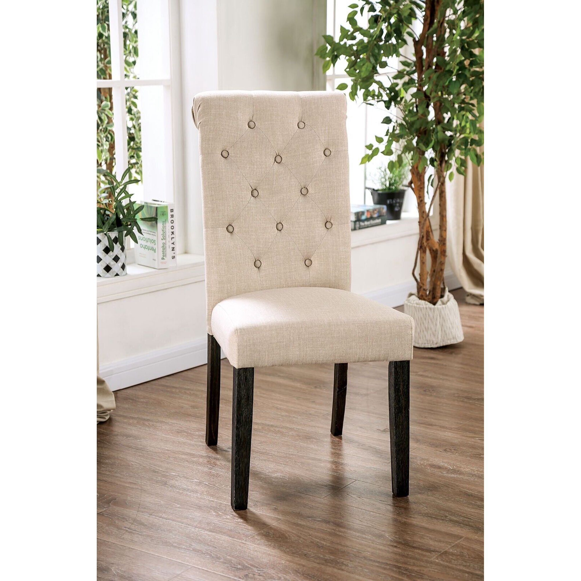 2pcs Dining Chairs Ivory Linen Like Fabric Antique Black Solid wood ...