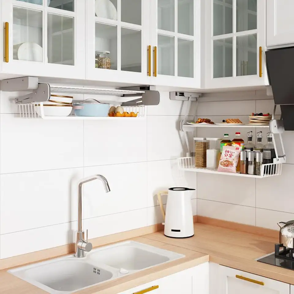 26.7" Pull-Down Folding Cabinet Organizer, 2-Tier Wall Storage Cabinet ...