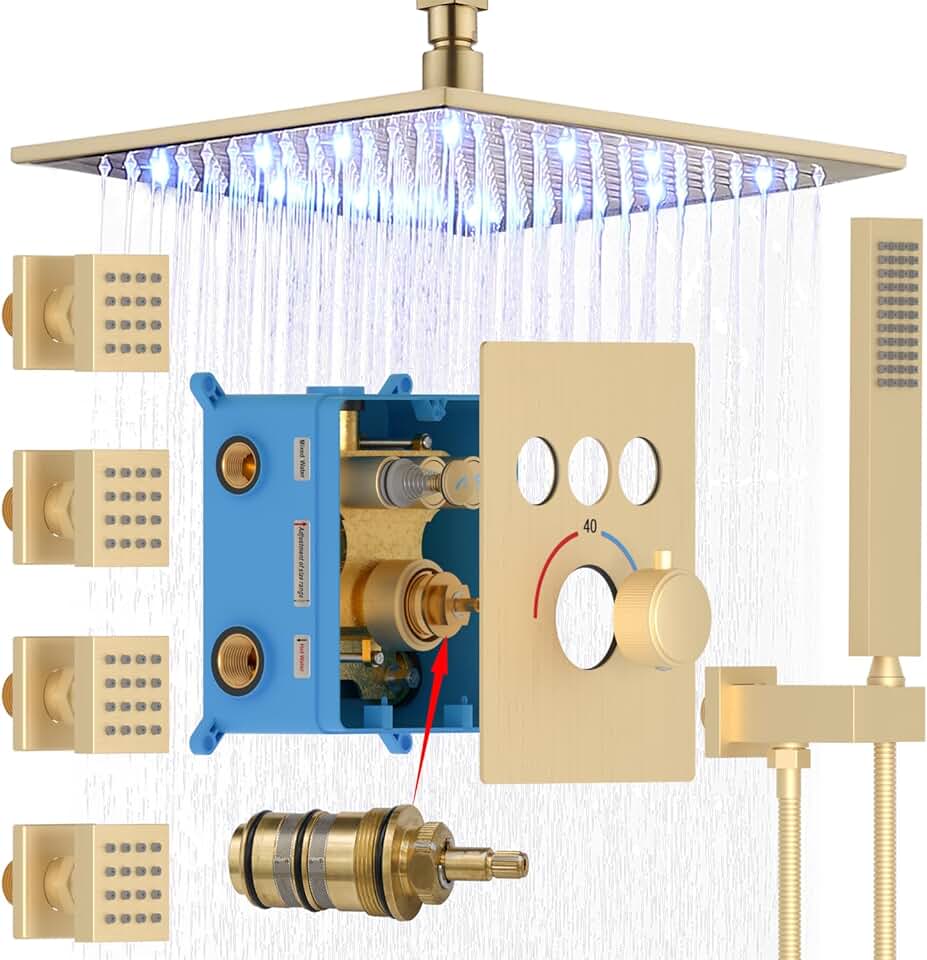 Brushed Gold Rain Shower System - Enga Full Body Spray Shower 12inch ...