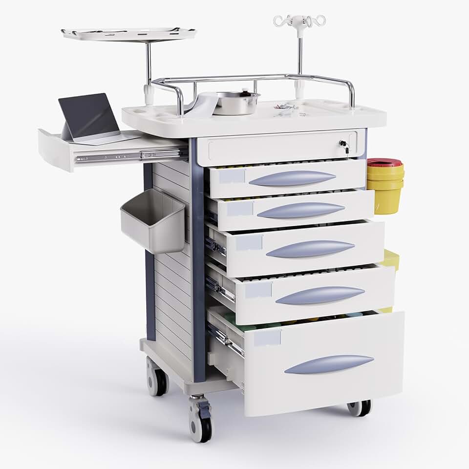 Medical Rolling Storage Crash Cart with Drawers - Adjustable Iv Pole ...
